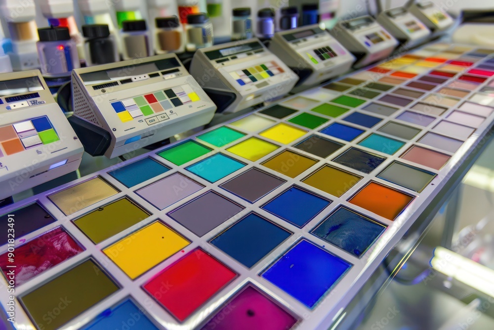 Array of color swatches and spectrophotometer devices used for accurate ...