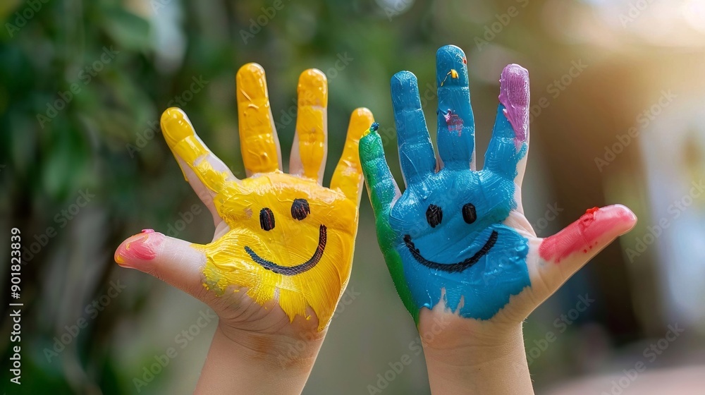 Mani di bambini colorate con colori brillanti e sul palmo è disegnato ...