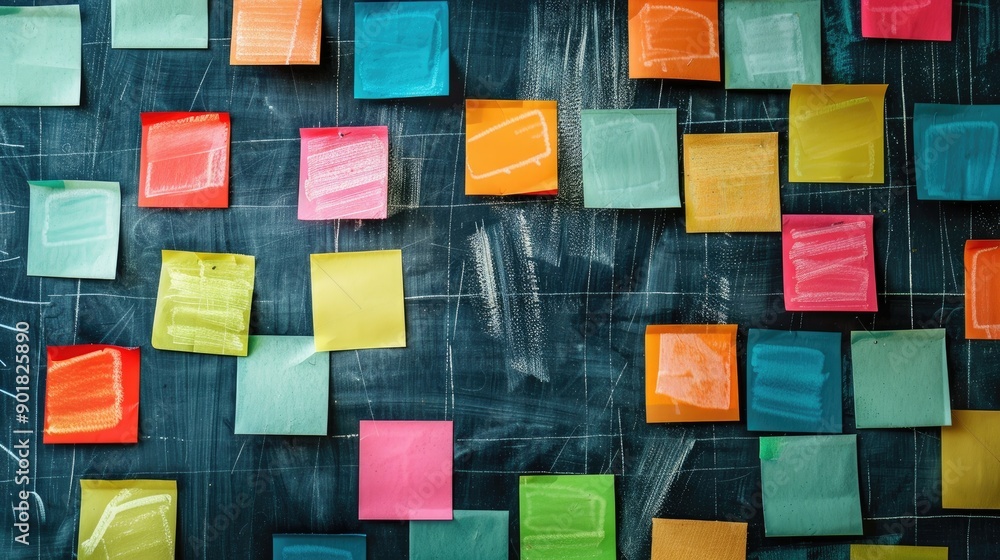 Colorful sticky notes mind map or flow diagram on blackboard background ...