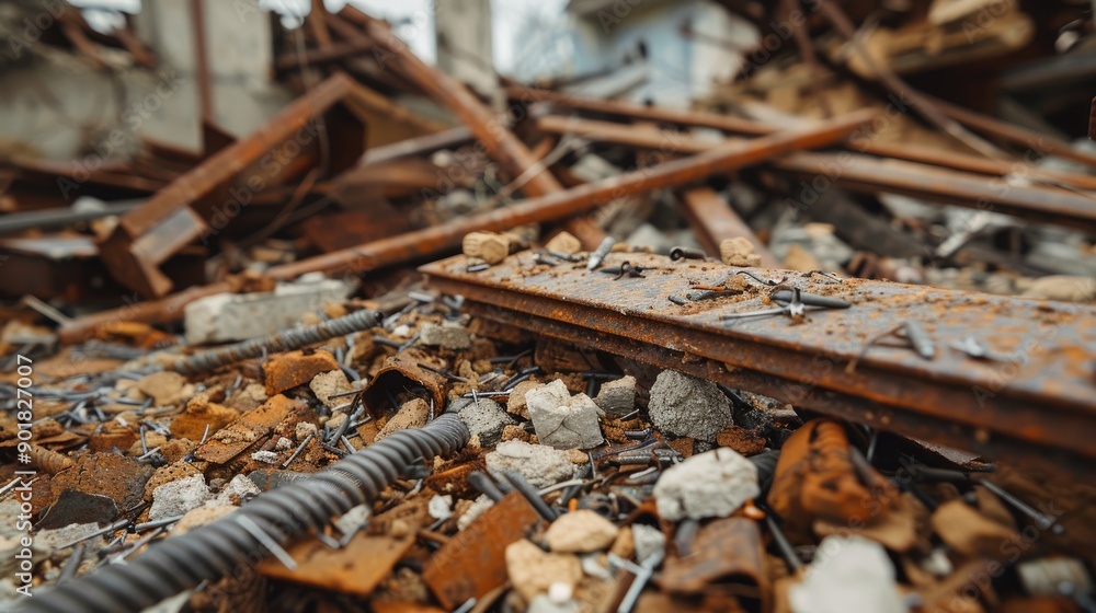 Debris and hazards at a demolition site Exposed nails posing injury ...