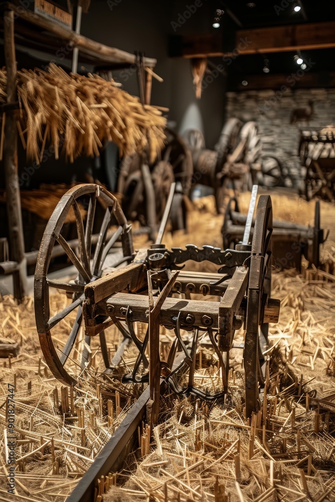Historical Farming Equipment Display in a Museum: Traditional Wooden ...