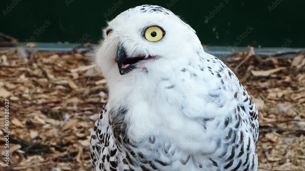 White polar owl with surprised face breathes like a dog moving tongue ...