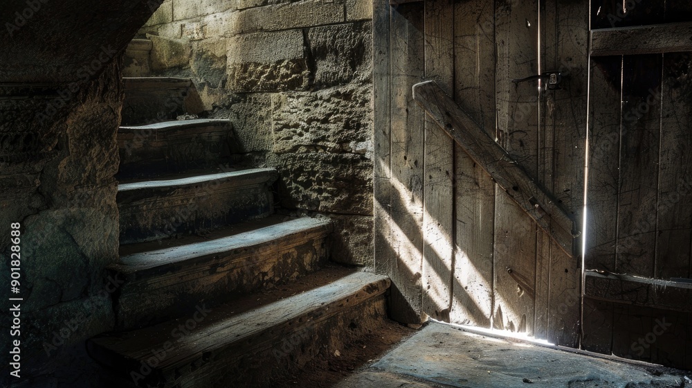 Dark and eerie wooden cellar door ajar at the base of weathered stone ...