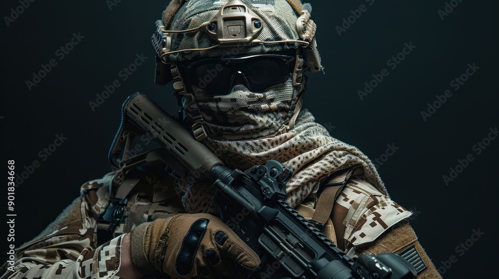 Special forces soldier in full uniform poses in studio background ...