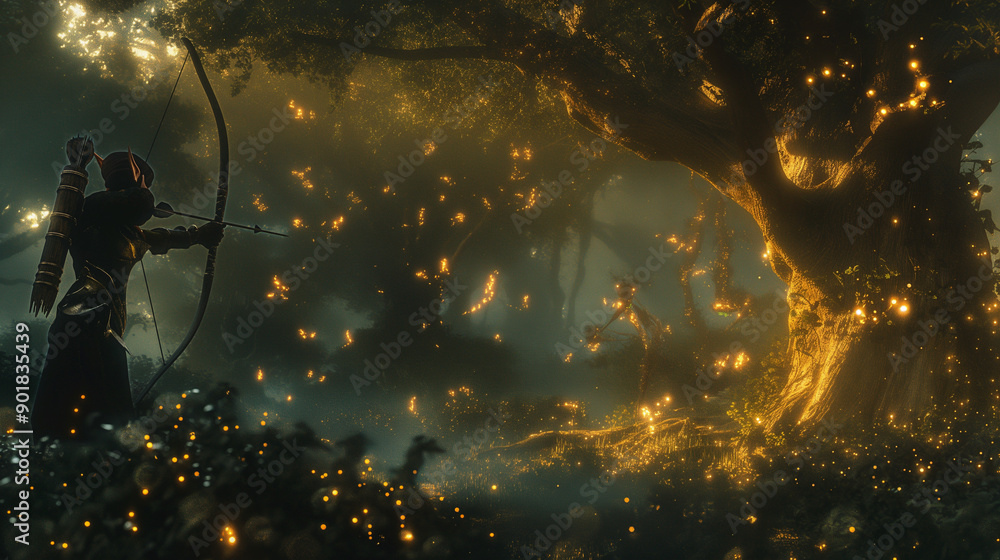 A whimsical 3D elf archer with a quiver of arrows, hunting in a magical ...