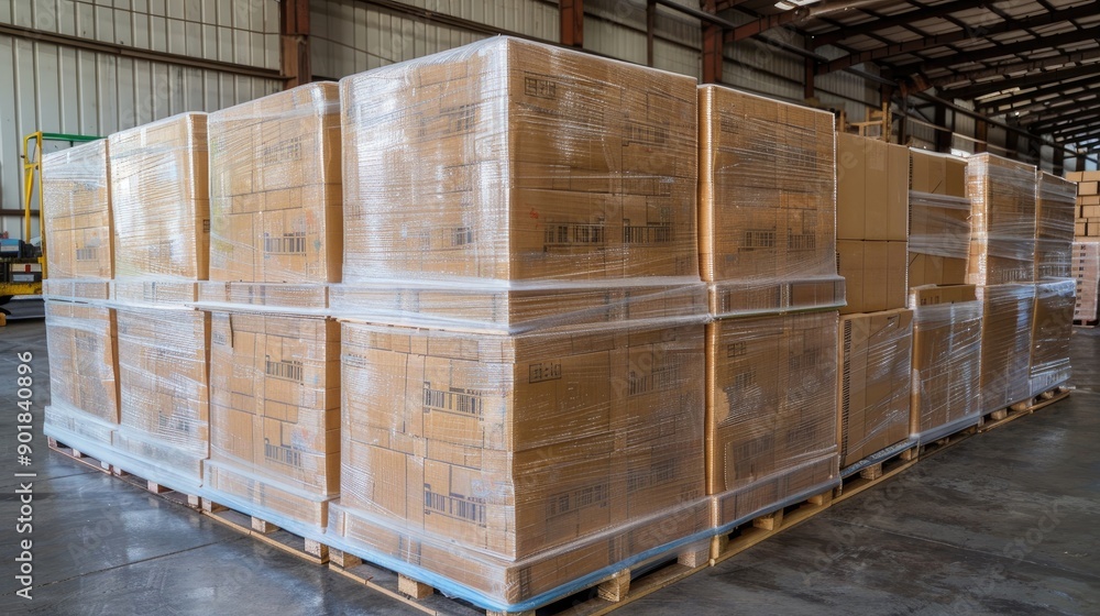 Cardboard boxes and plastic wrapping neatly stacked on wooden pallets ...