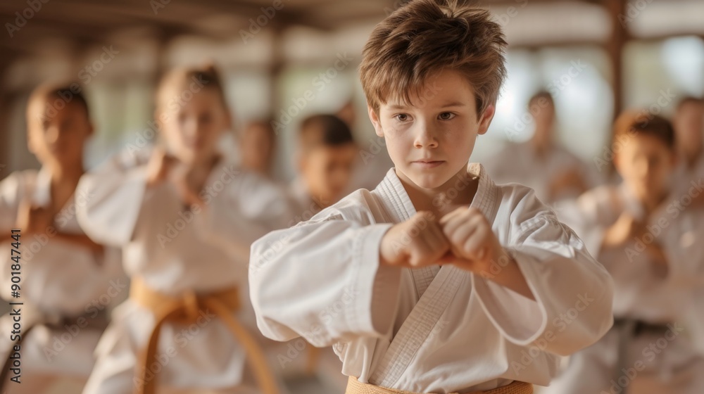 Group of boys and girls, dressed in karate uniforms, practicing karate ...
