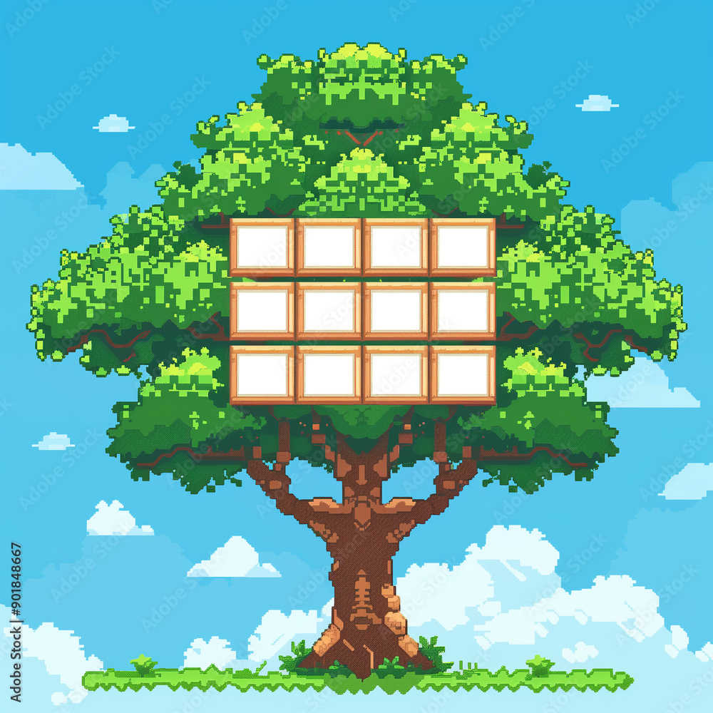 A pixel art family tree template with empty cells for user input, 8-bit ...
