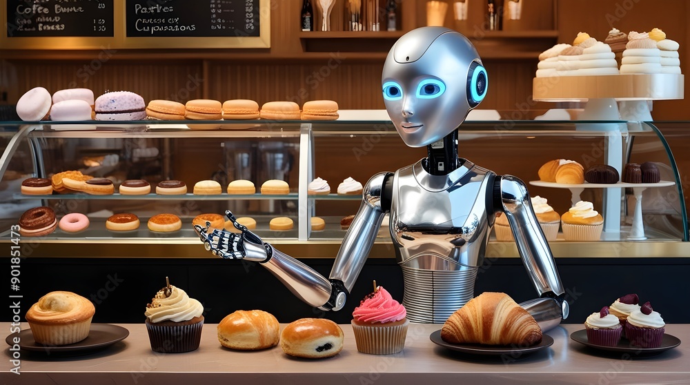 miniature, sleek barista robot with thin polished silver limbs and a ...