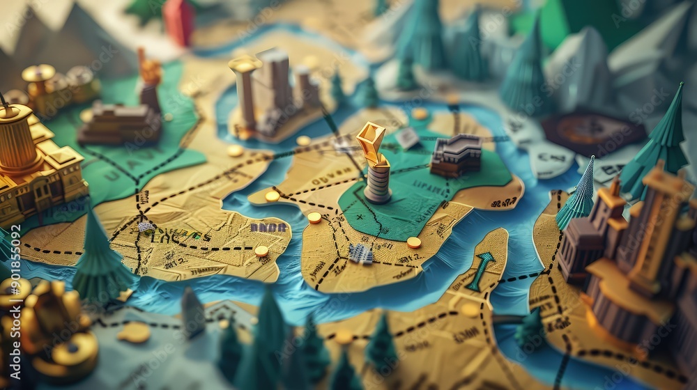 A 3D depiction of a treasure map with routes leading to various ...