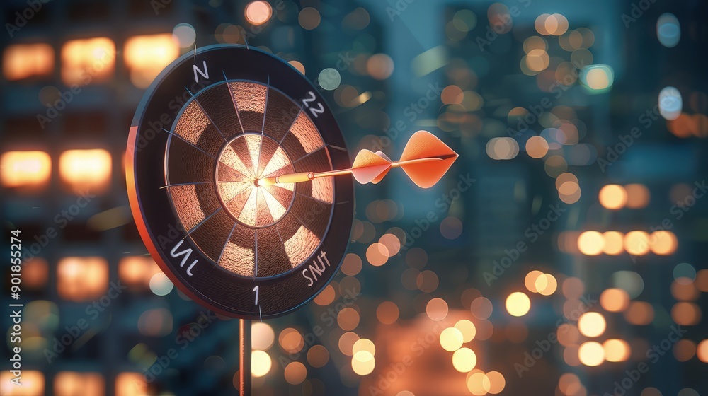 A 3D icon depicting a target with a dart in the bullseye, over a ...