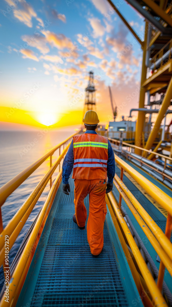 Offshore Sunrise Shift: An oil rig worker walks towards the horizon as ...