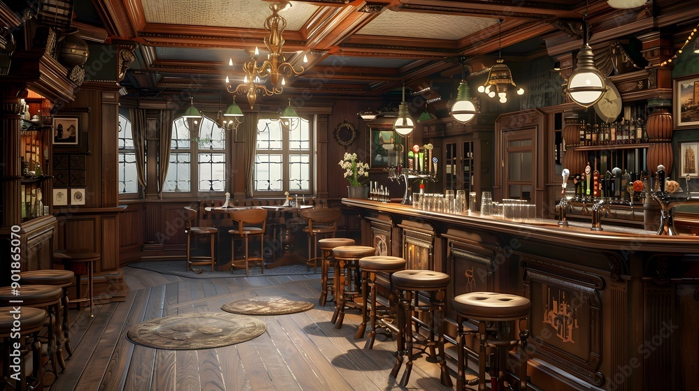 Classic British pub interior with rich wooden paneling, antique bar ...