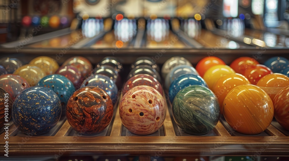 A collection of colorful bowling balls arranged in a row within a ...