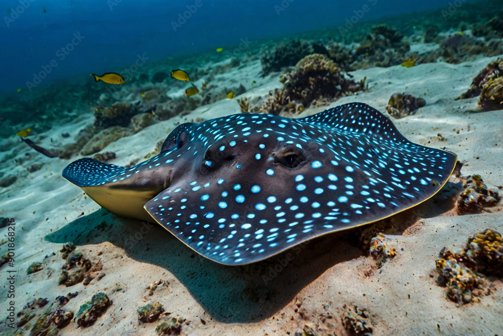 Blue spotted stingray (Myliobatoidei) cartilaginous fish on sandy ...