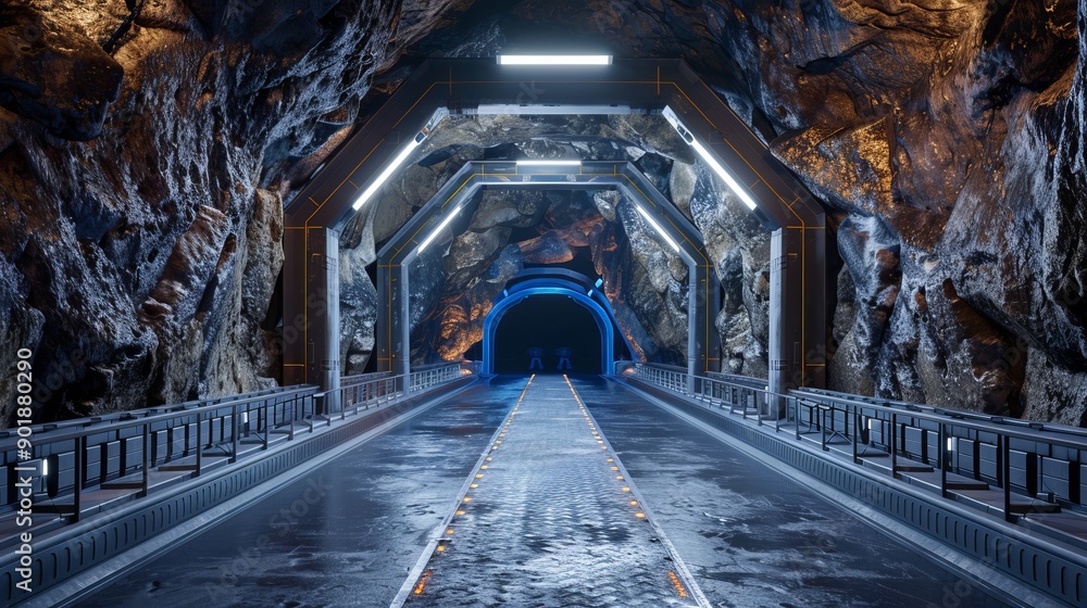 A 3D rendering of an underground shelter gate in a nuclear bunker or ...