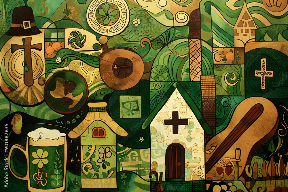 iconic symbols representing Ireland. Include elements like a shamrock ...
