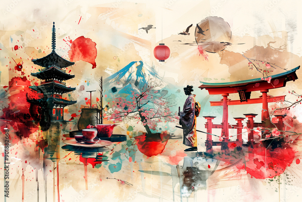 iconic symbols representing Japan. Include elements like cherry ...