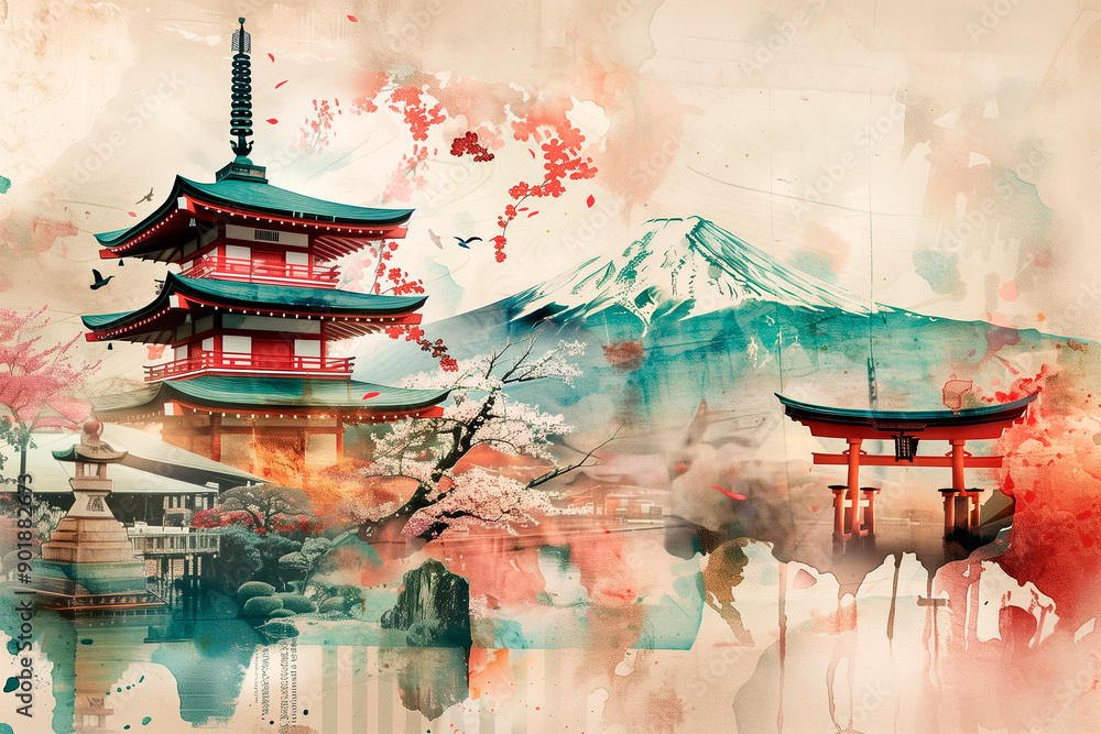 iconic symbols representing Japan. Include elements like cherry ...