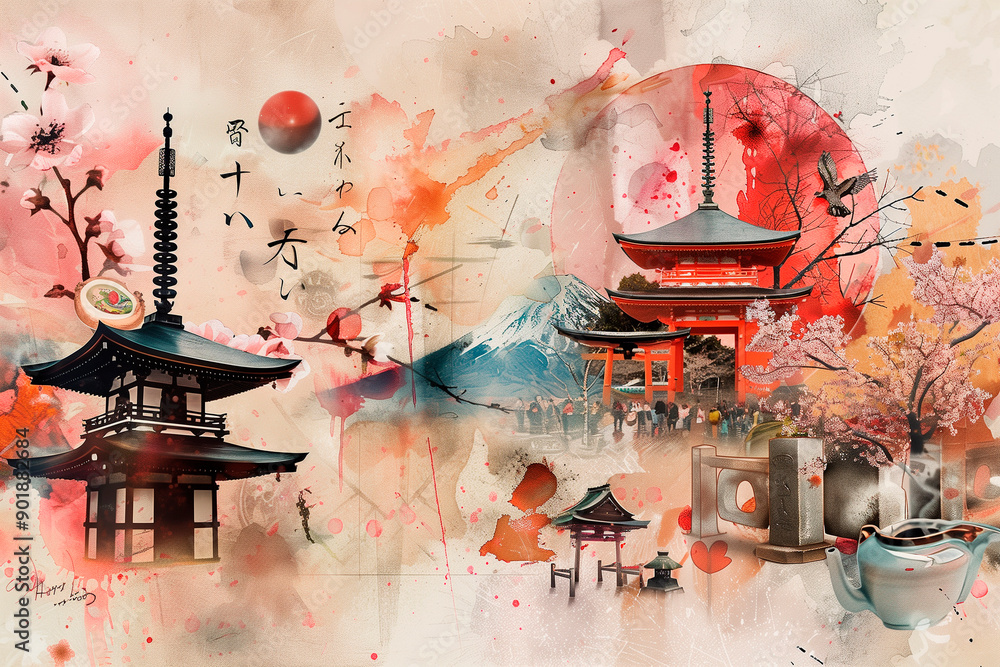 iconic symbols representing Japan. Include elements like cherry ...