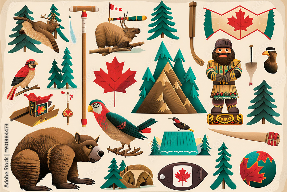 symbols that represent Canada. Include items like a maple leaf, a ...