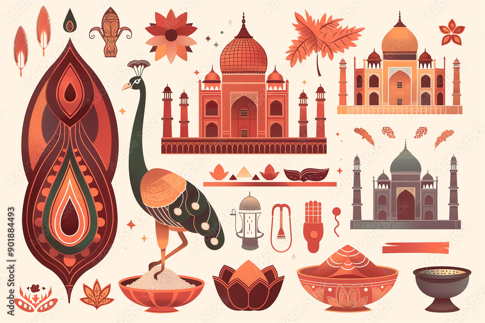 symbols that represent India. Include items like a peacock, a ...