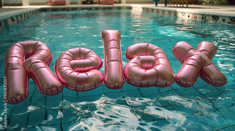 3D text "Relax" word spelled out in inflatable pool floats in a summer ...
