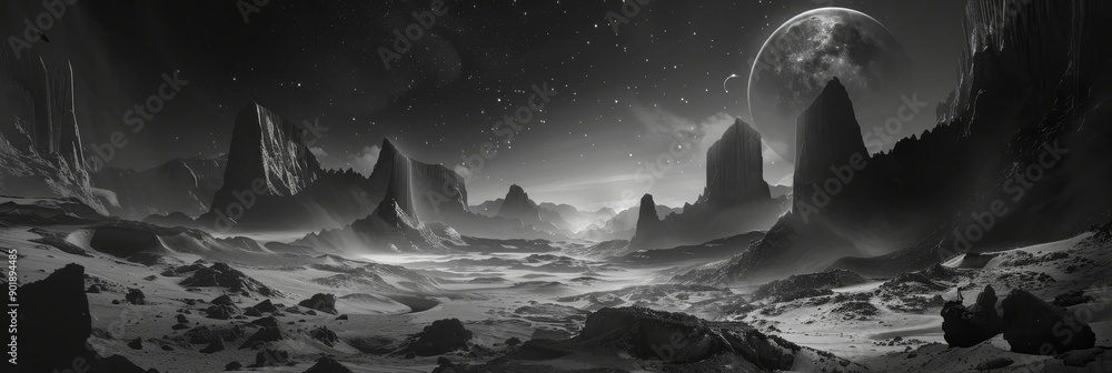 A desolate alien landscape with towering rock formations reaching for a ...