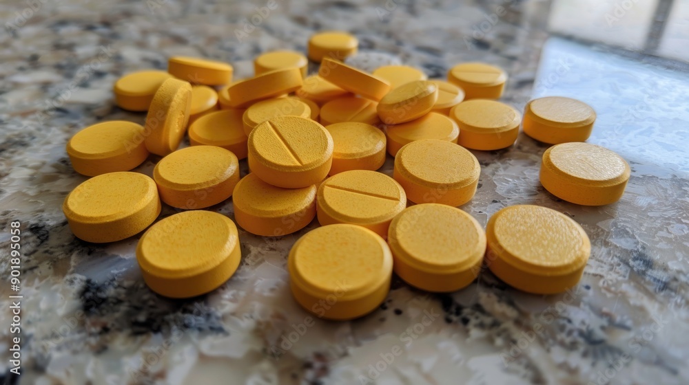 Yellow tablets purchased from illicit online marketplace Stock Photo ...