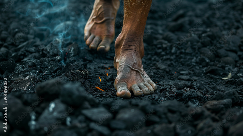 Man Walking Barefoot On Burning Hot Coal With Dirty Feet Footsteps And ...