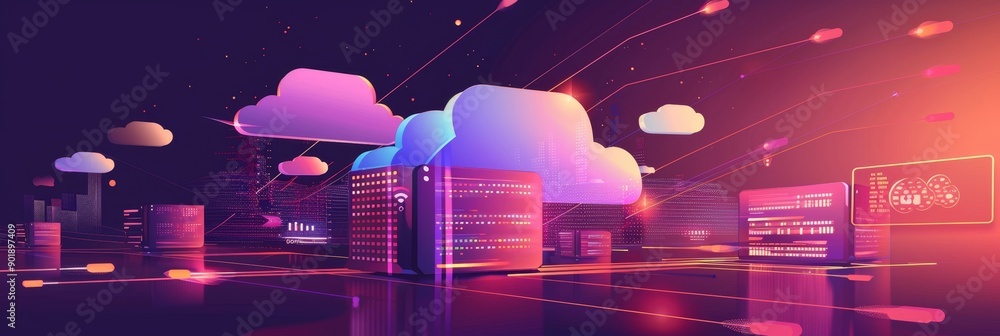 The image depicts a futuristic cityscape with cloud servers connected ...
