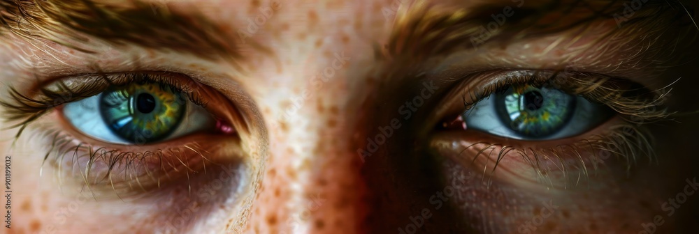A close-up photo of a person's eyes with freckles. The eyes are looking ...