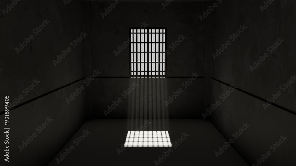 Small, dark prison cell with a barred window. Light from the window shines through the bars ...