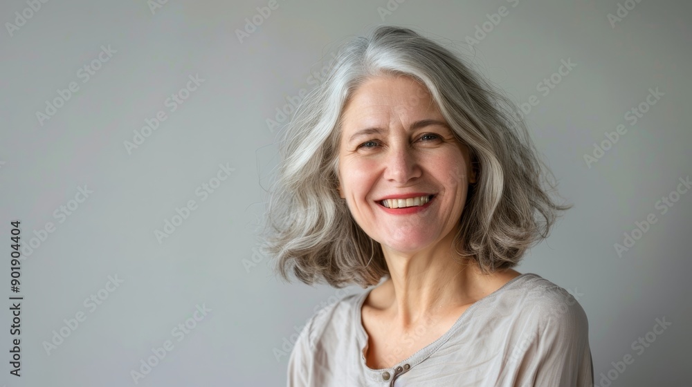 A mature woman with silver grey hair and a warm smile, radiating ...