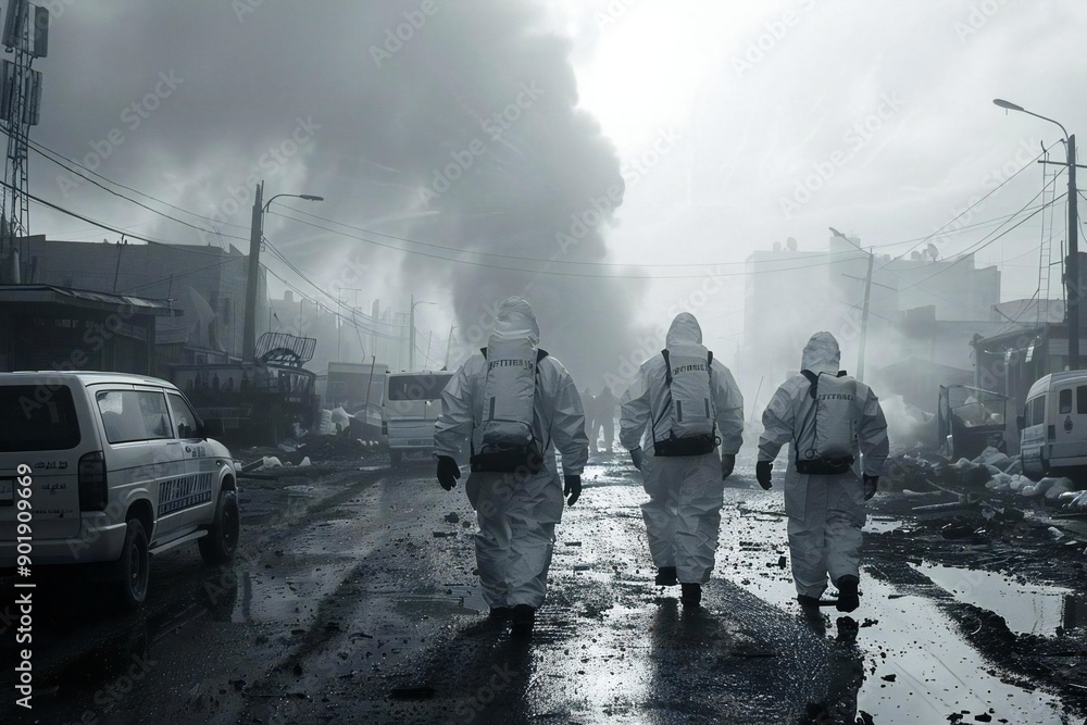 team of first responders rushing to scene of explosion in city, black ...