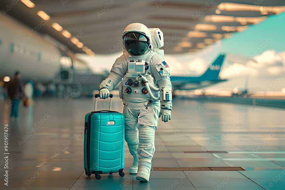 Astronaut in space suit with turquoise travel suitcase goes on a plane ...
