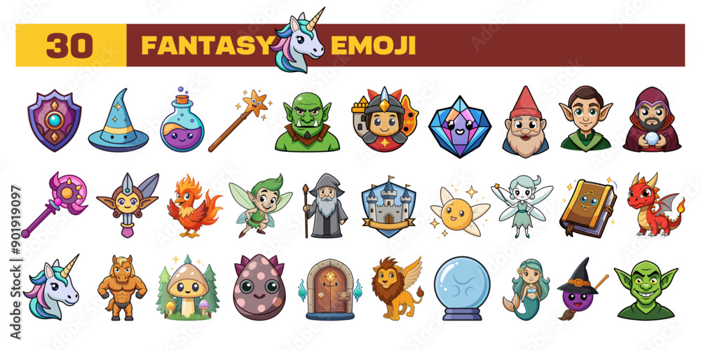 Set of vector Fantasy emoji, clipart, or icon. Cartoon style different ...