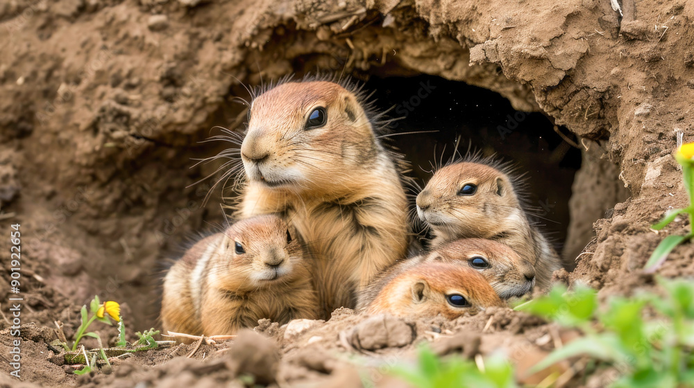 prairie dog family, mother and two babies at the burrow entrance Stock ...