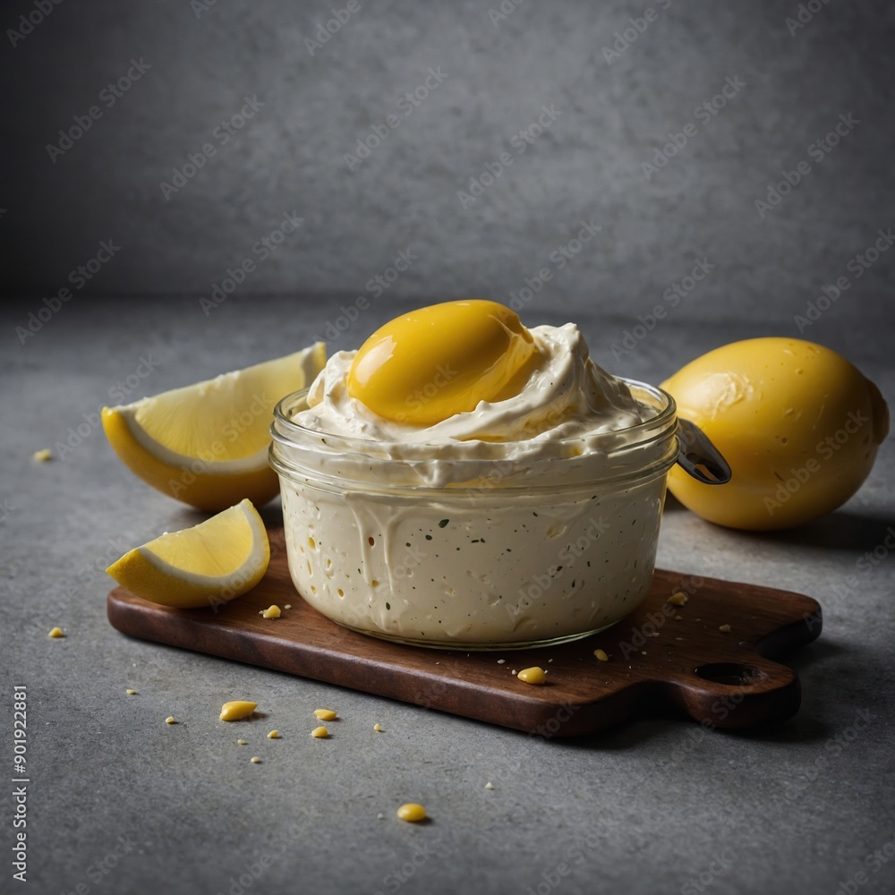 Gourmet mayonnaise highlighted for its smooth velvety appearance in a ...
