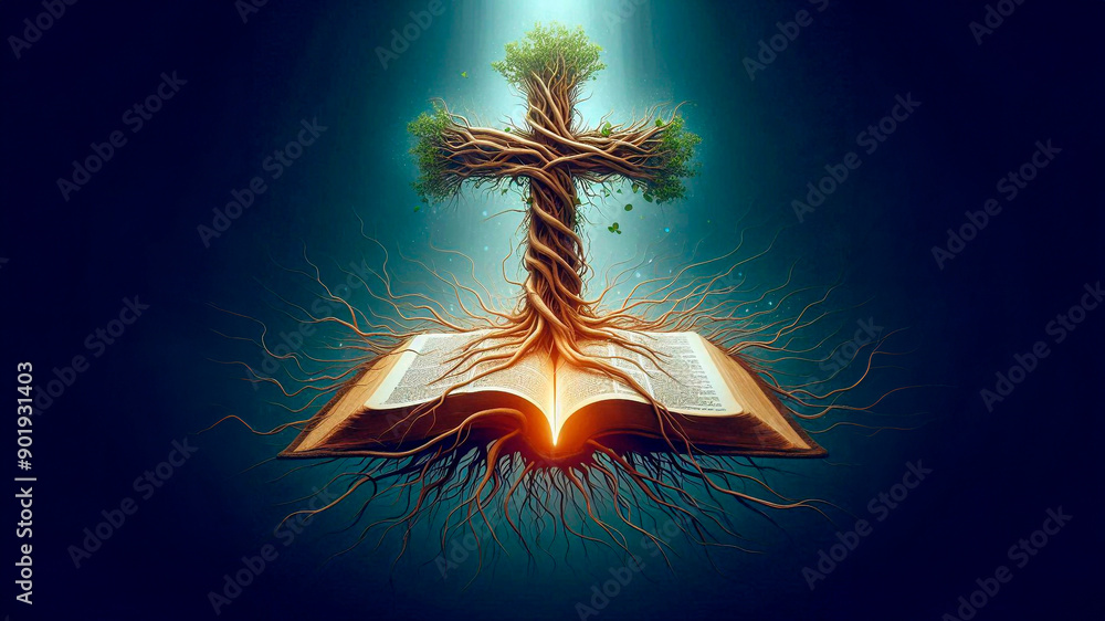 The cross with roots intertwined in the open Bible, the nature of faith ...