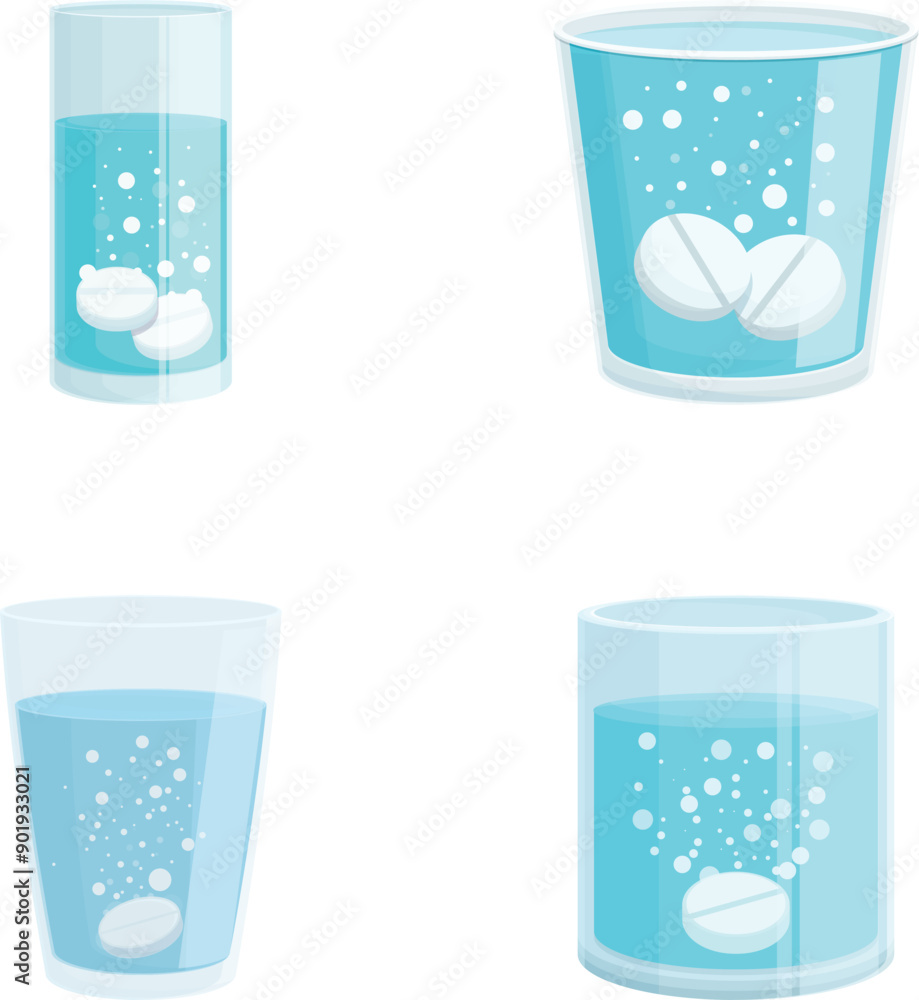 Vector graphic showing four stages of effervescent tablets dissolving ...