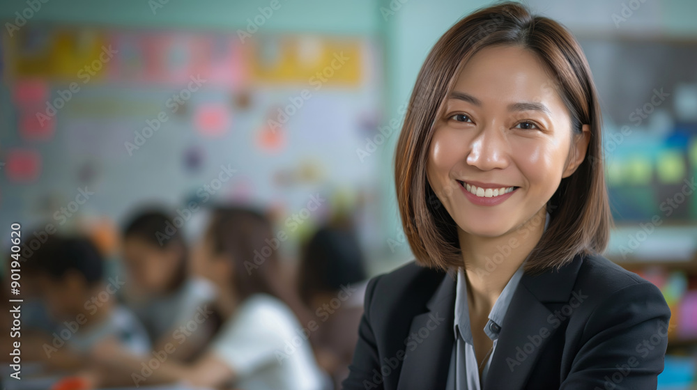 Foto de Asian teacher in a black suit smiles happily while interacting ...