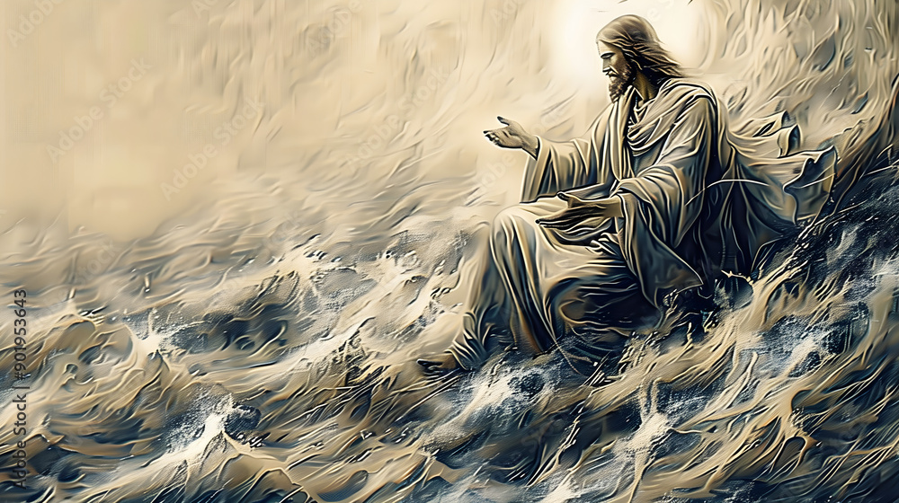 Jesus calming stormy sea, demonstrating divine power and authority ...