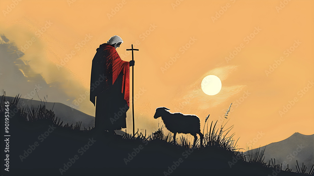 minimalist depiction of the good shepherd, shepherd in red cloak ...