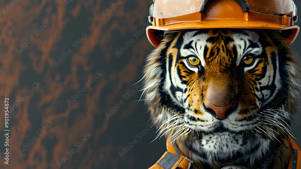 tiger with hard hat, safety gear, construction site, industrial setting ...