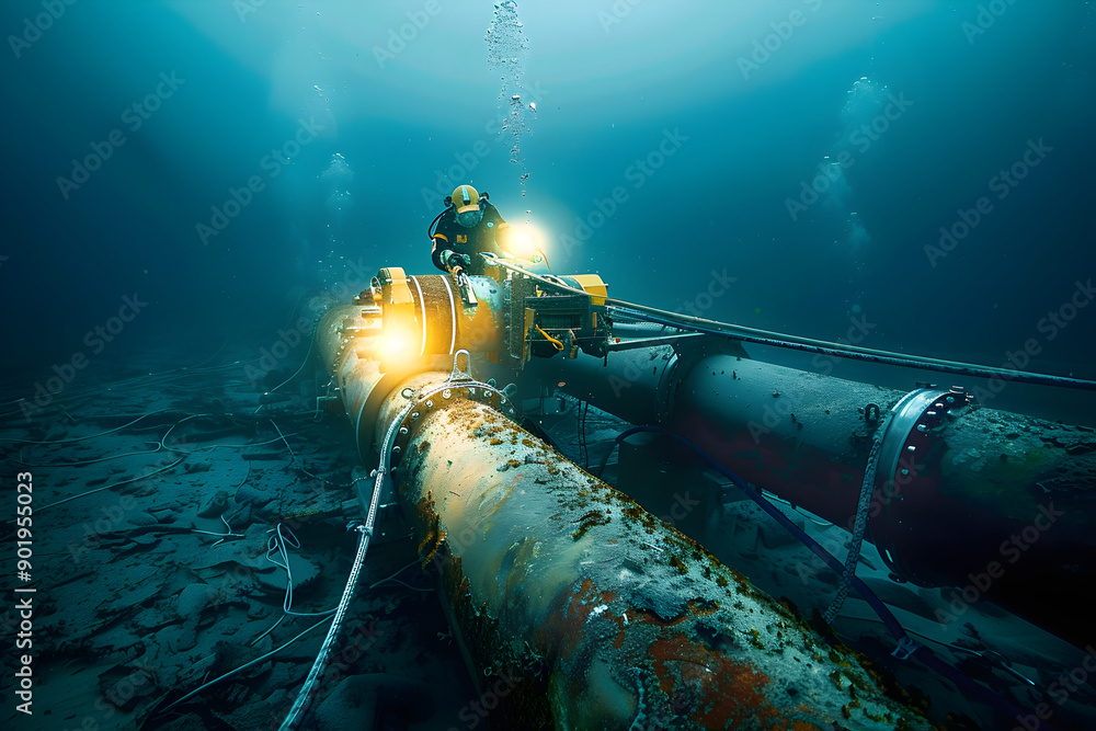 underwater robot repairing russian gas pipeline, plugging leaks, deep ...