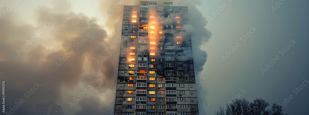 high-rise apartment building fire, emergency situation, urban disaster ...