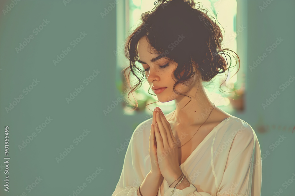 serene woman in contemplation, closed eyes, light-filled room ...