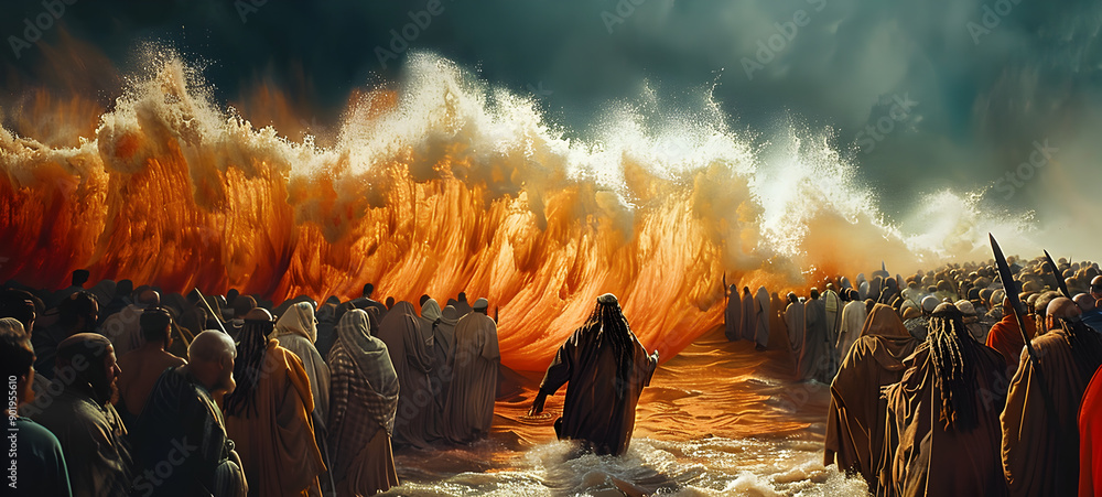 biblical scene, Moses parting the Red Sea, leading Israelites to ...