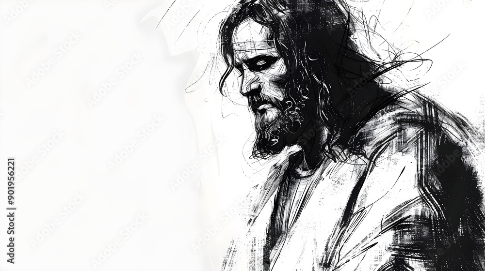 jesus christ, digital illustration in black and white, sketch style ...